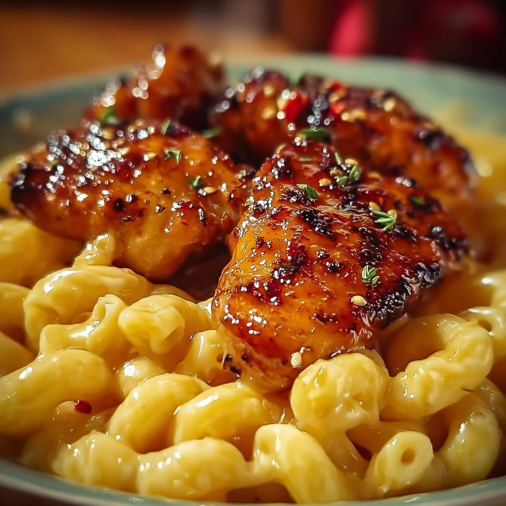 Sweet and Spicy Honey Pepper Chicken with Macaroni and Cheese